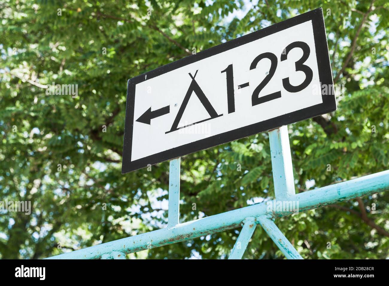 Camping road sign with a number of place, close up photo Stock Photo ...