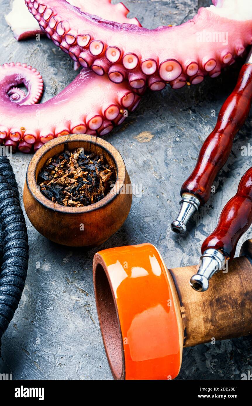 Oriental smoking shisha.Asian hookah tobacco.Octopus hookah tobacco ...