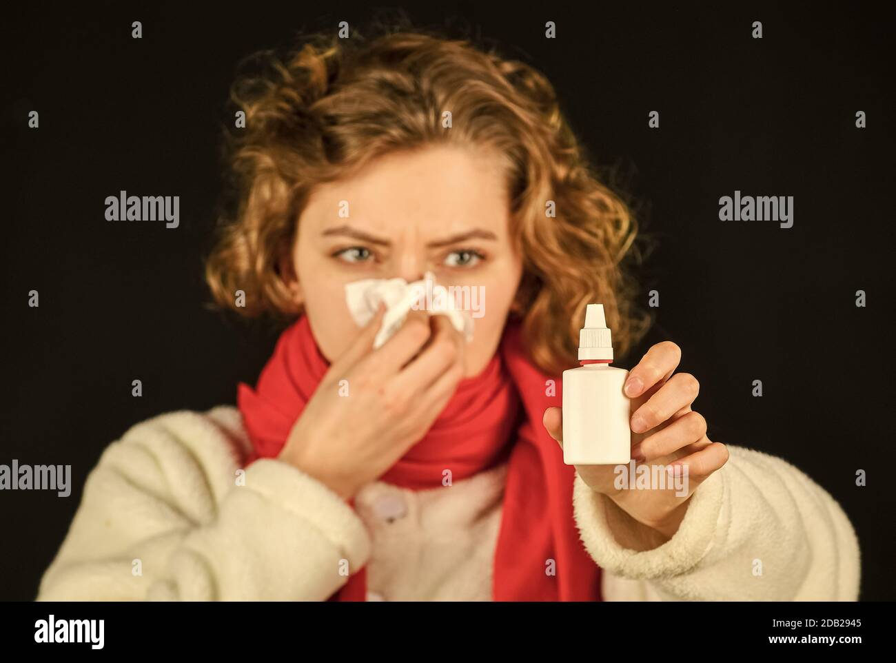 female health concept. woman with cold flu use nasal spray. illness ...