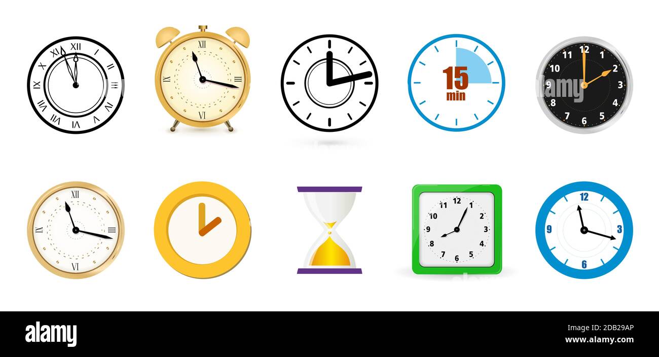 Big set of different color clock icons. Alarm clock, stopwatch ...