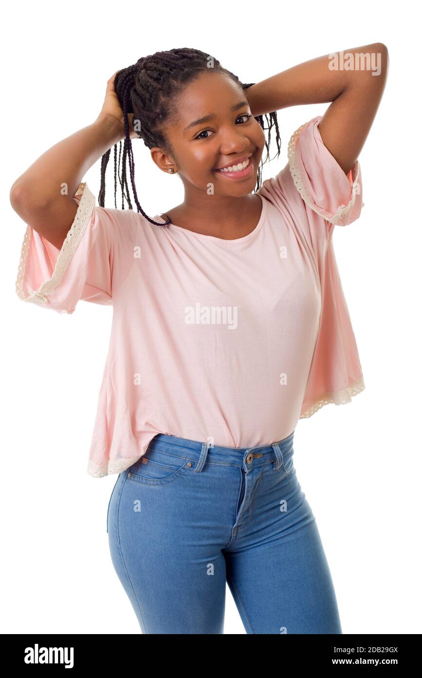 Happy african girl isolated on white background Stock Photo - Alamy