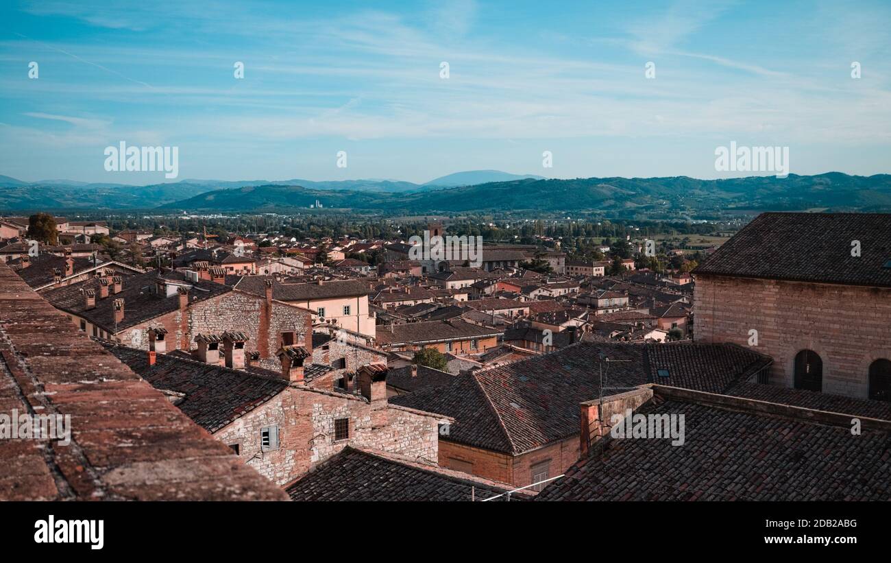 Panoramic view from above of the medieval Italian village of Gubbio ...