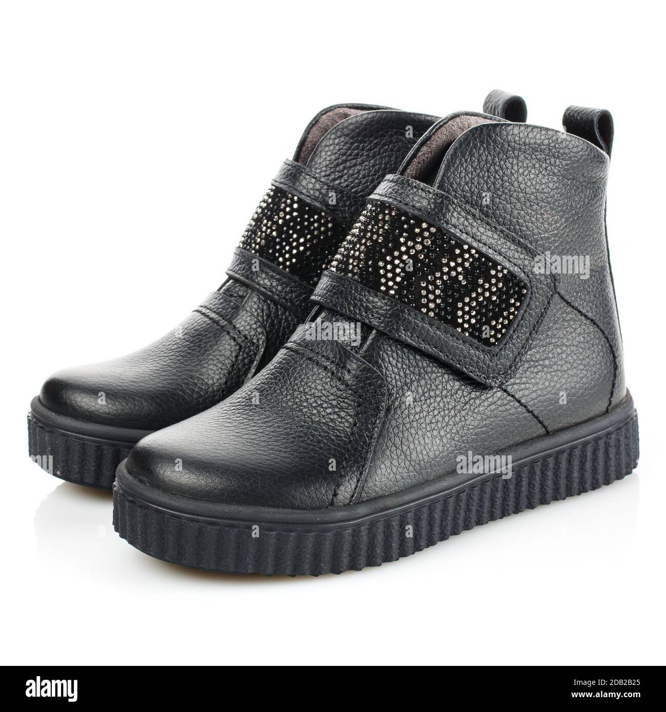 Black leather boots for girls on a white background. Photo for shoes ...