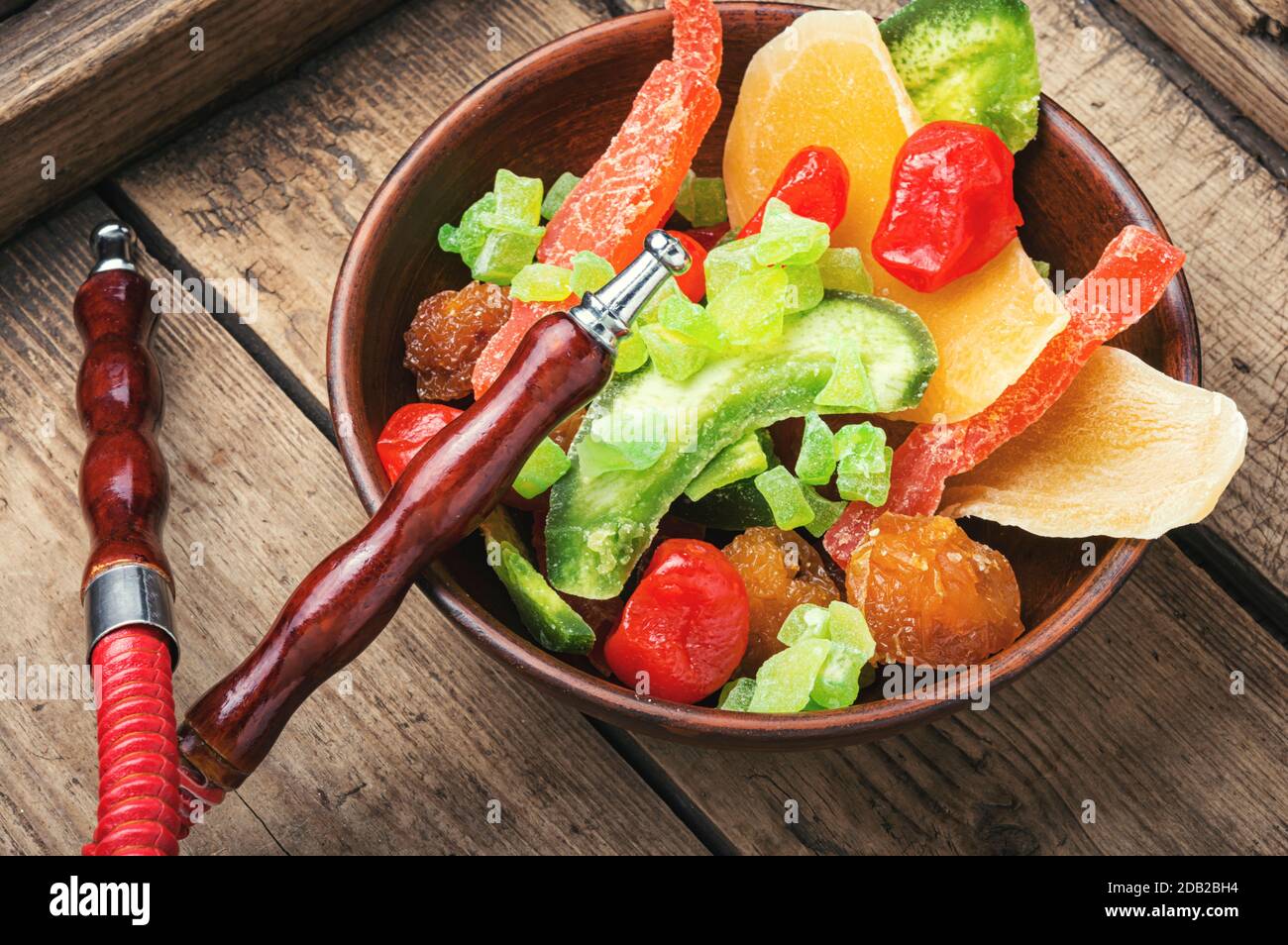 Details of oriental hookah and shisha tobacco with candied fruit ...