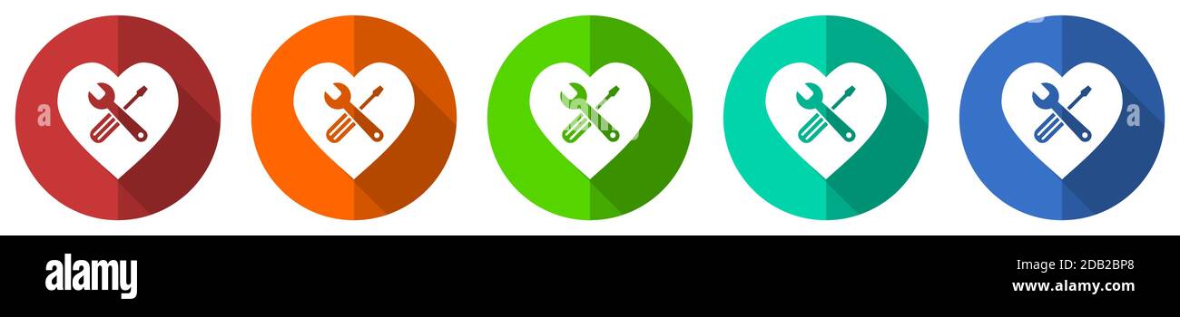 Tools in heart shape vector icon set, red, blue, green and orange flat ...