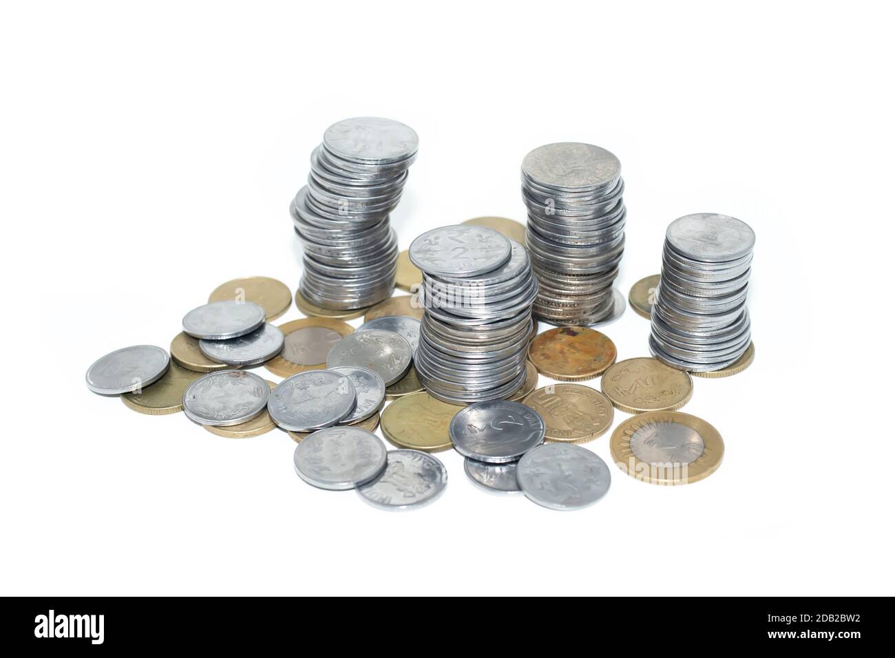 Collection of various types of Indian rupee coins isolated on white ...