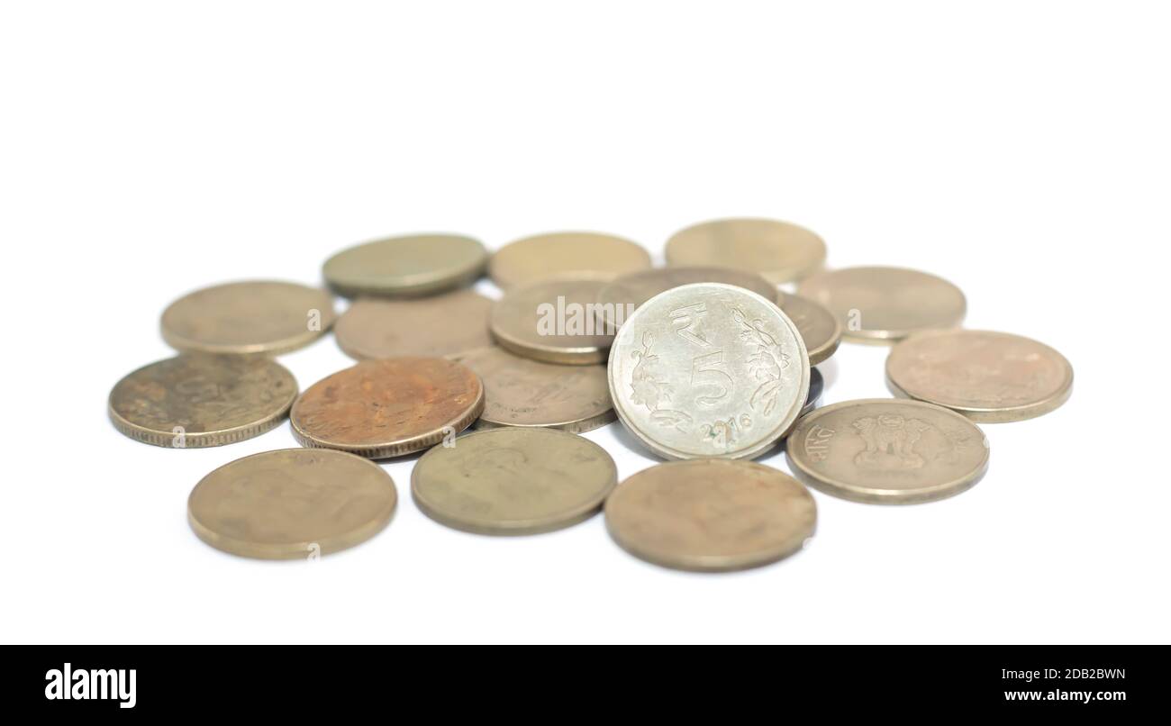 Collection of Indian currency coins. pop out five rupees coin Stock ...