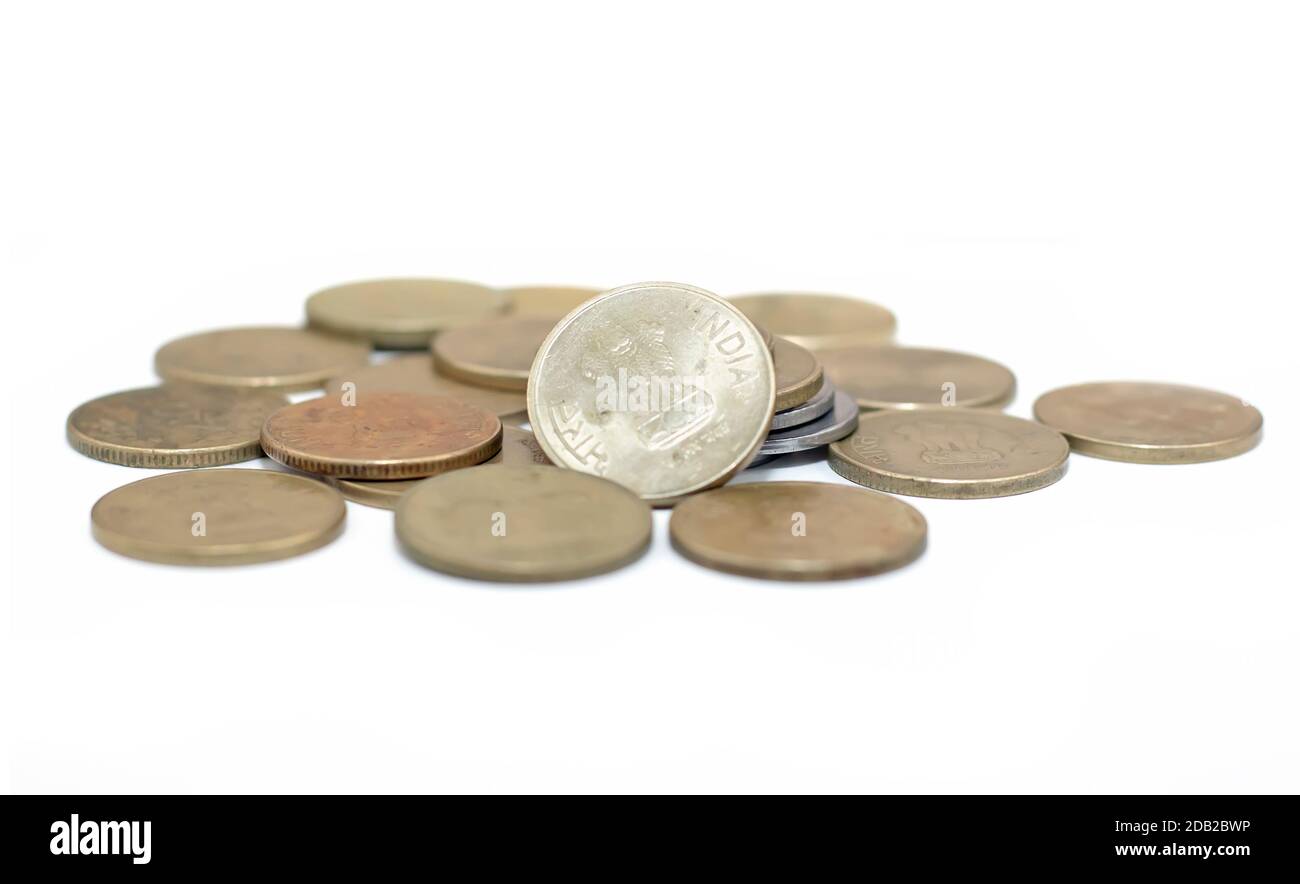 Collection of Indian currency coins. pop out five rupees coin ...