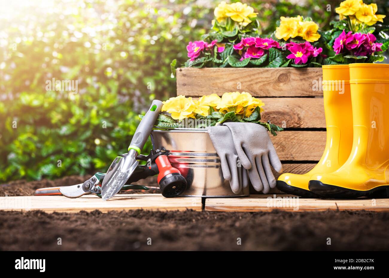 Gardening Tools Set And Flowers In Sunny Garden Stock Photo - Alamy