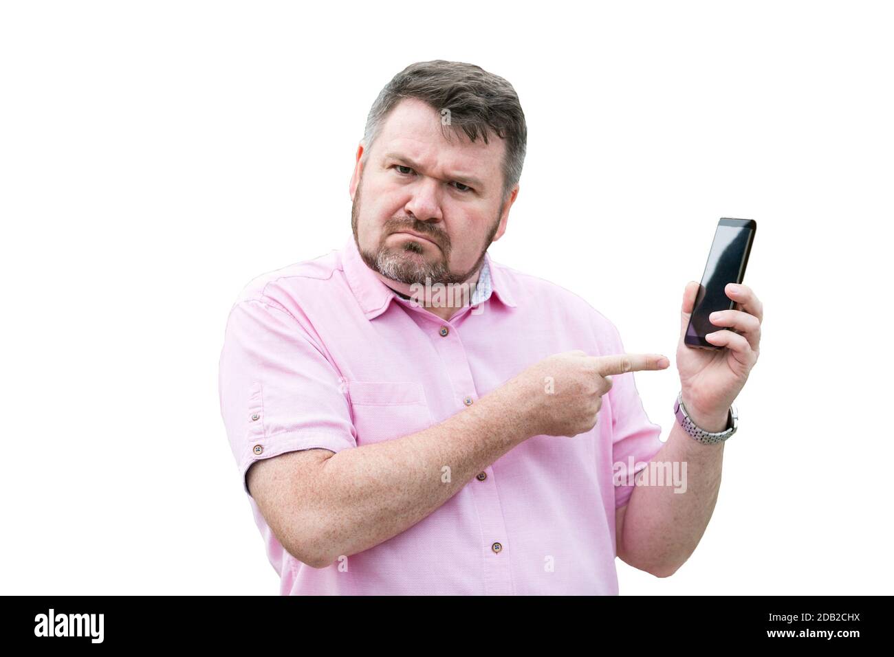 A man in disbelief from a phone call. Isolate on white background Stock ...