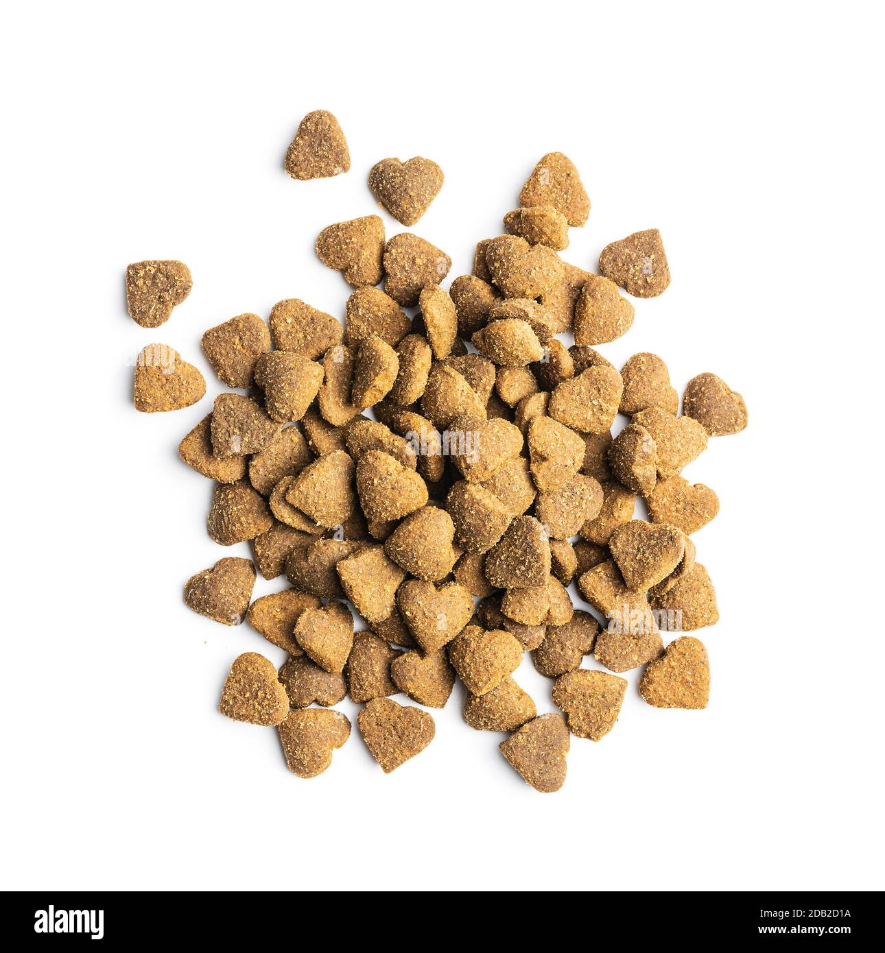 Dried kibble pet food. Heart shape dried animal food isolated on white ...