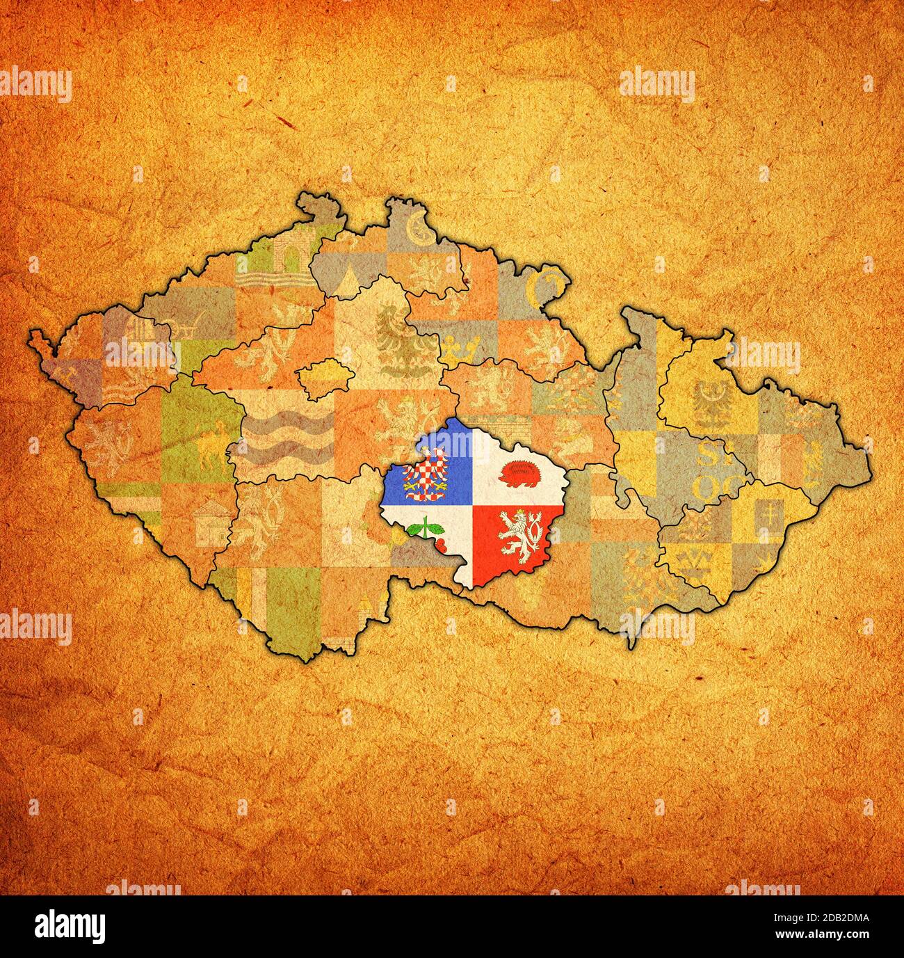 emblem of Vysocina region on map with administrative divisions and borders of Czech Republic ...