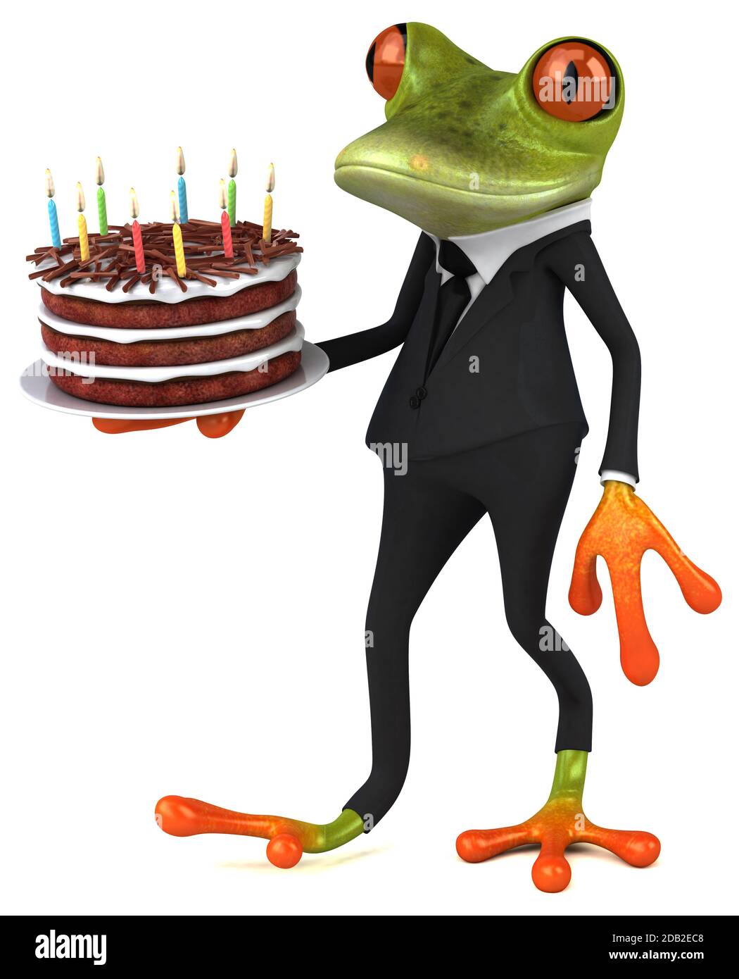 Fun frog with a birthday cake - 3D Illustration Stock Photo - Alamy