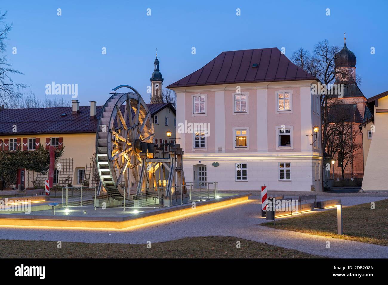 The Salinenpark in Traunstein with the big water wheel. Bavaria ...