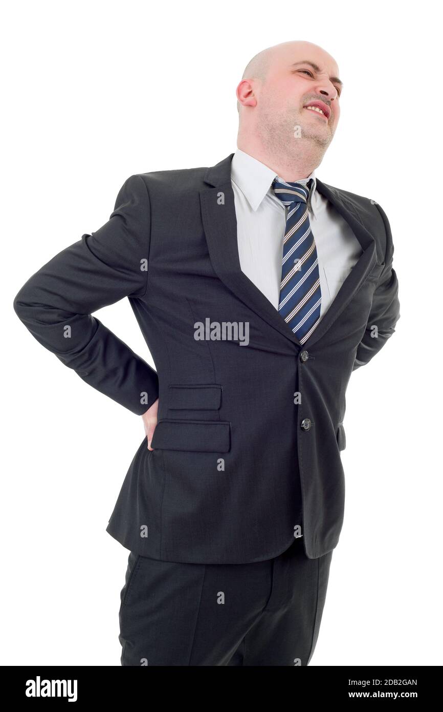 Young businessman with strong back pain, isolated on white background ...