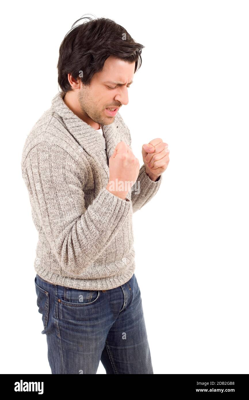 happy young man winning with open arms, isolated on white background ...