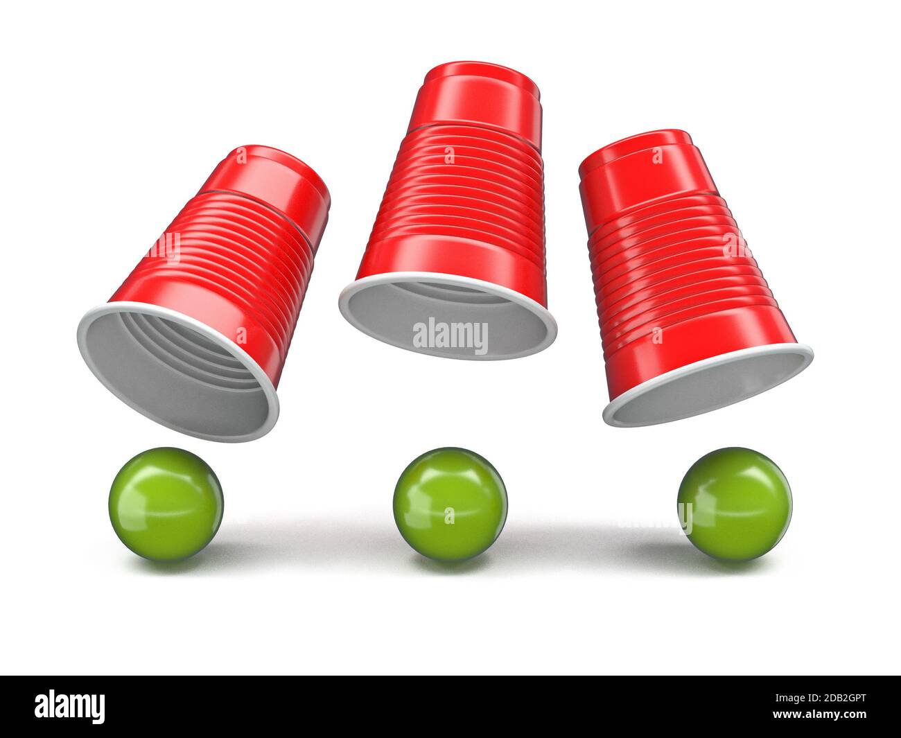Shell Game three red cups and three green balls 3D render illustration ...