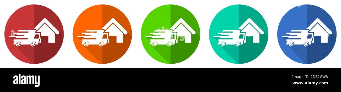 Home delivery, shipping, courier vector icon set, red, blue, green and ...