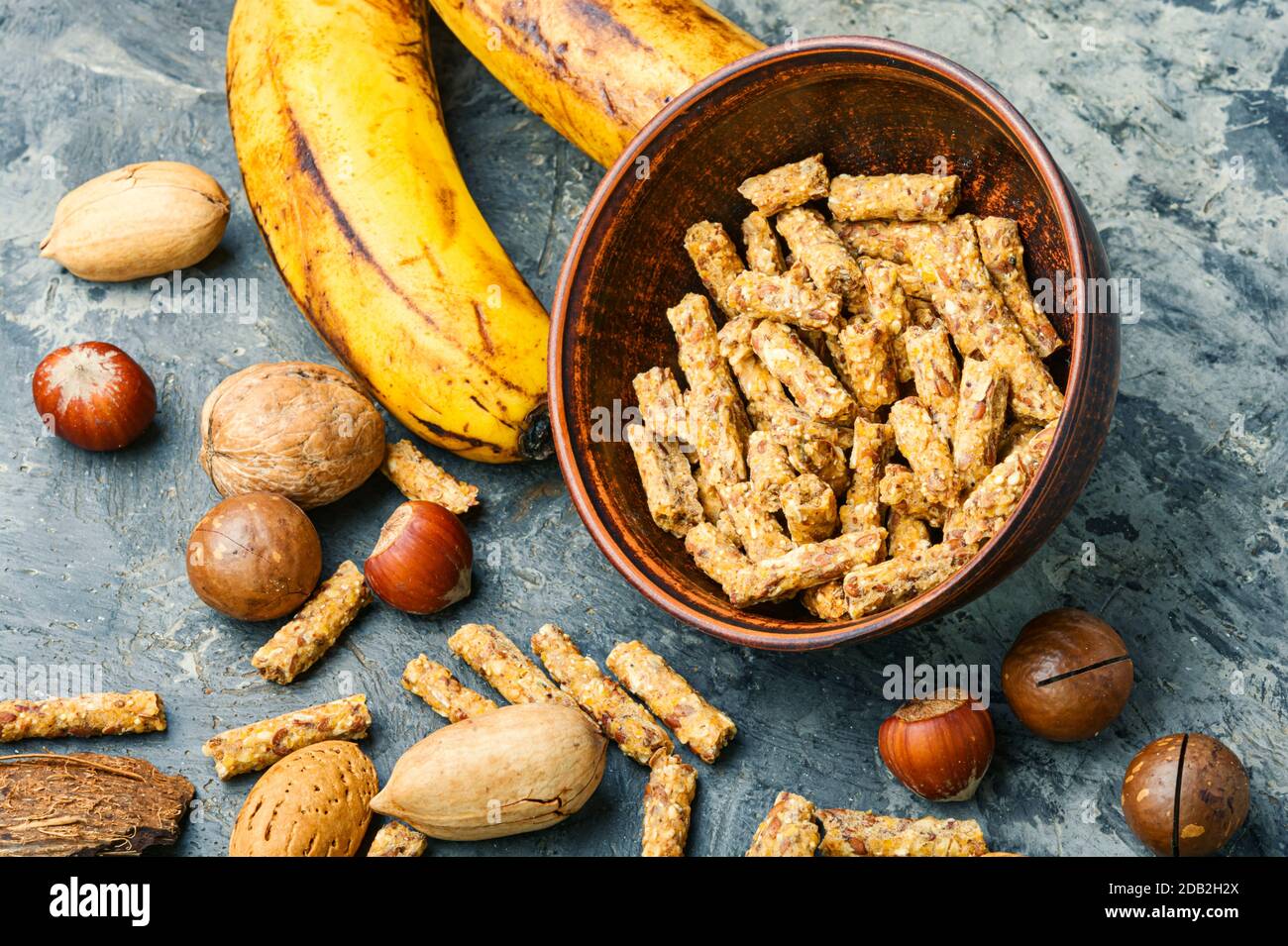 Organic uncooked granola cereal with mixed nuts.Breakfast concept Stock ...