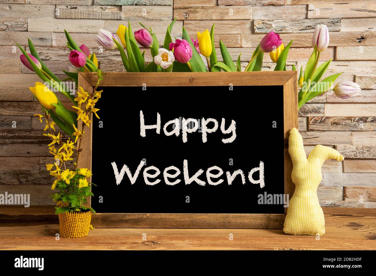 Blackboard With English Text Happy Weekend. Colorful Tulip Spring ...