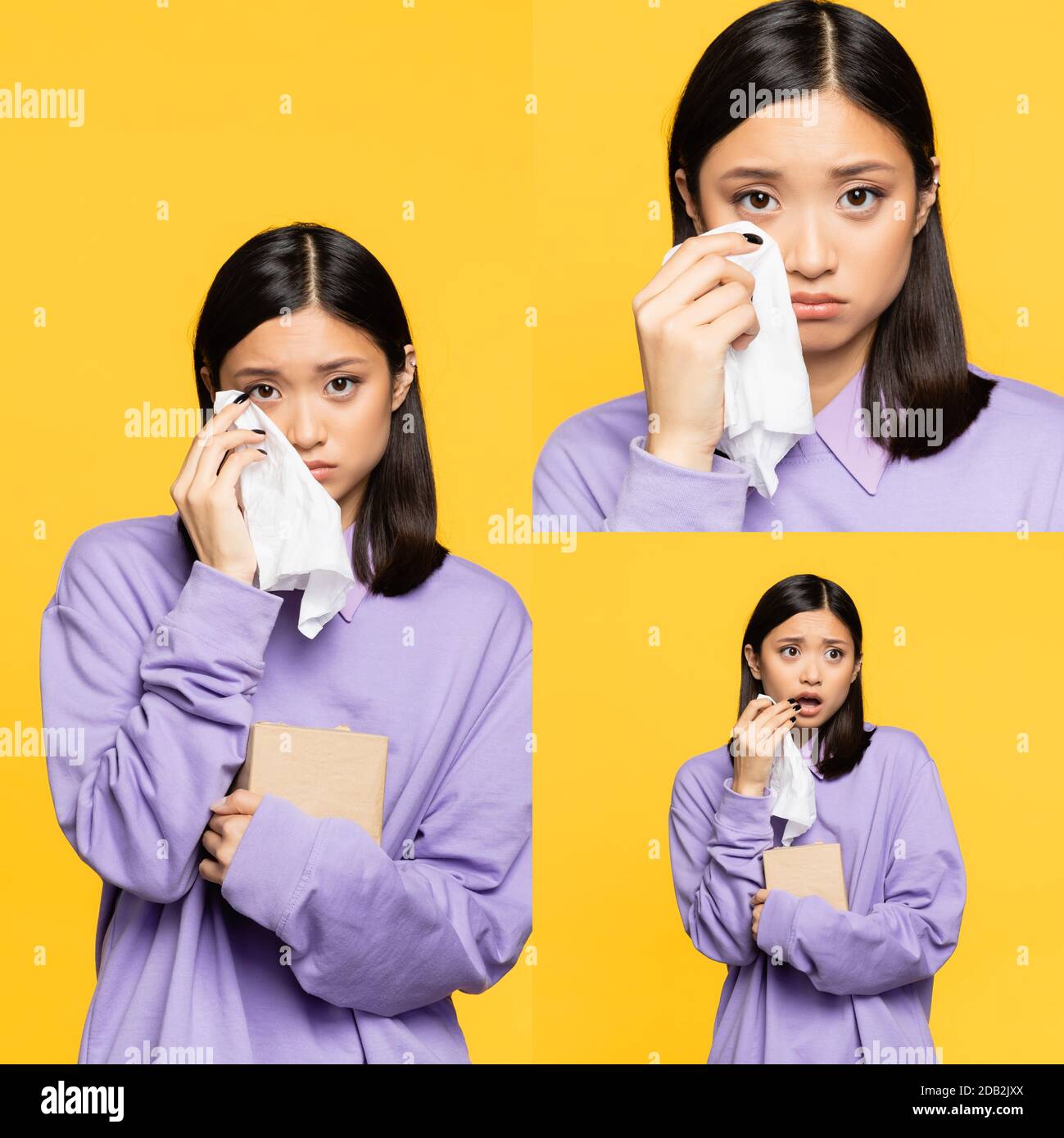 collage of sad asian woman holding tissue box and napkin while crying ...
