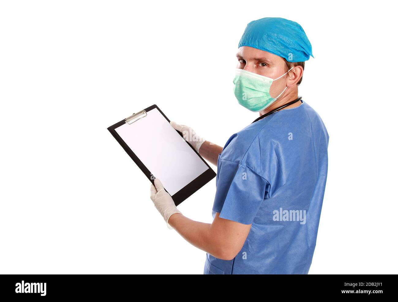 A doctor with a clipboard for diagnosis isolated on a white background ...