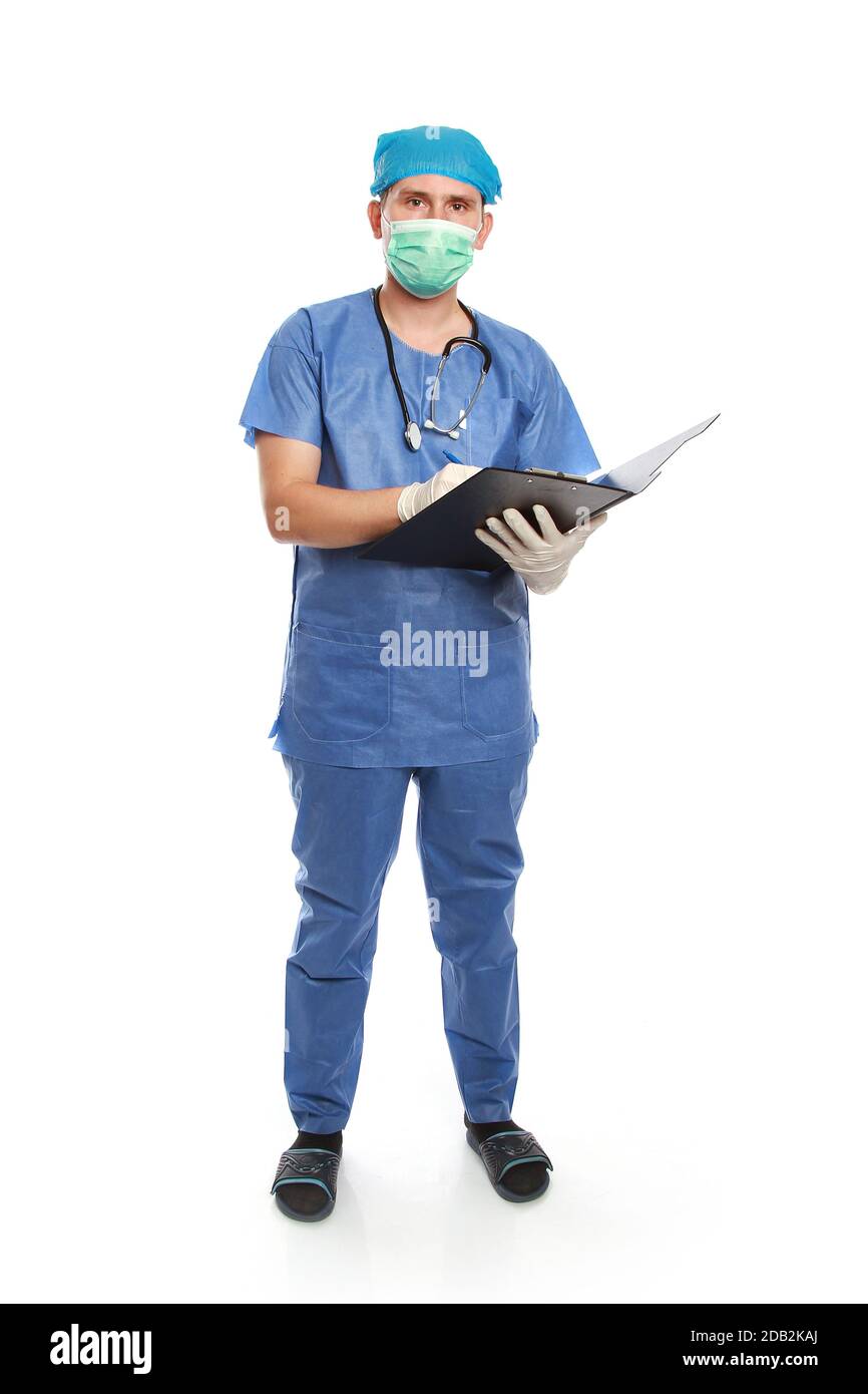 A vertical shot of a doctor writing a diagnosis isolated on a white ...
