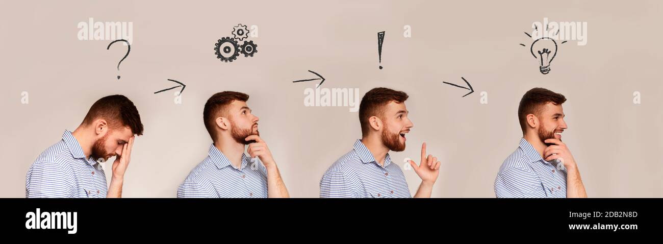 Problem solution. Collage of young man thinking over problem and ...