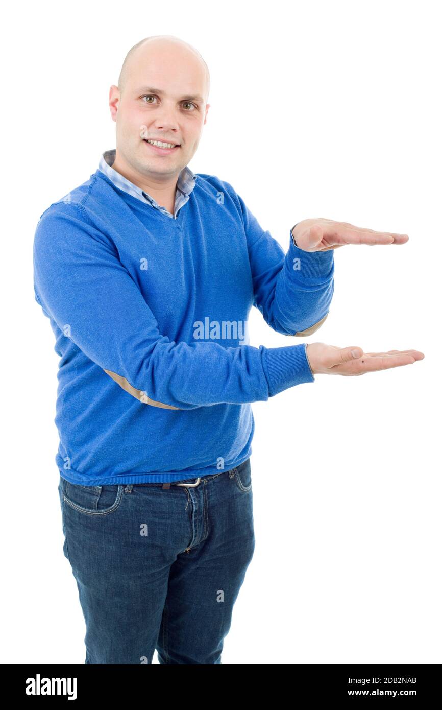 casual man presenting something, isolated on white Stock Photo - Alamy