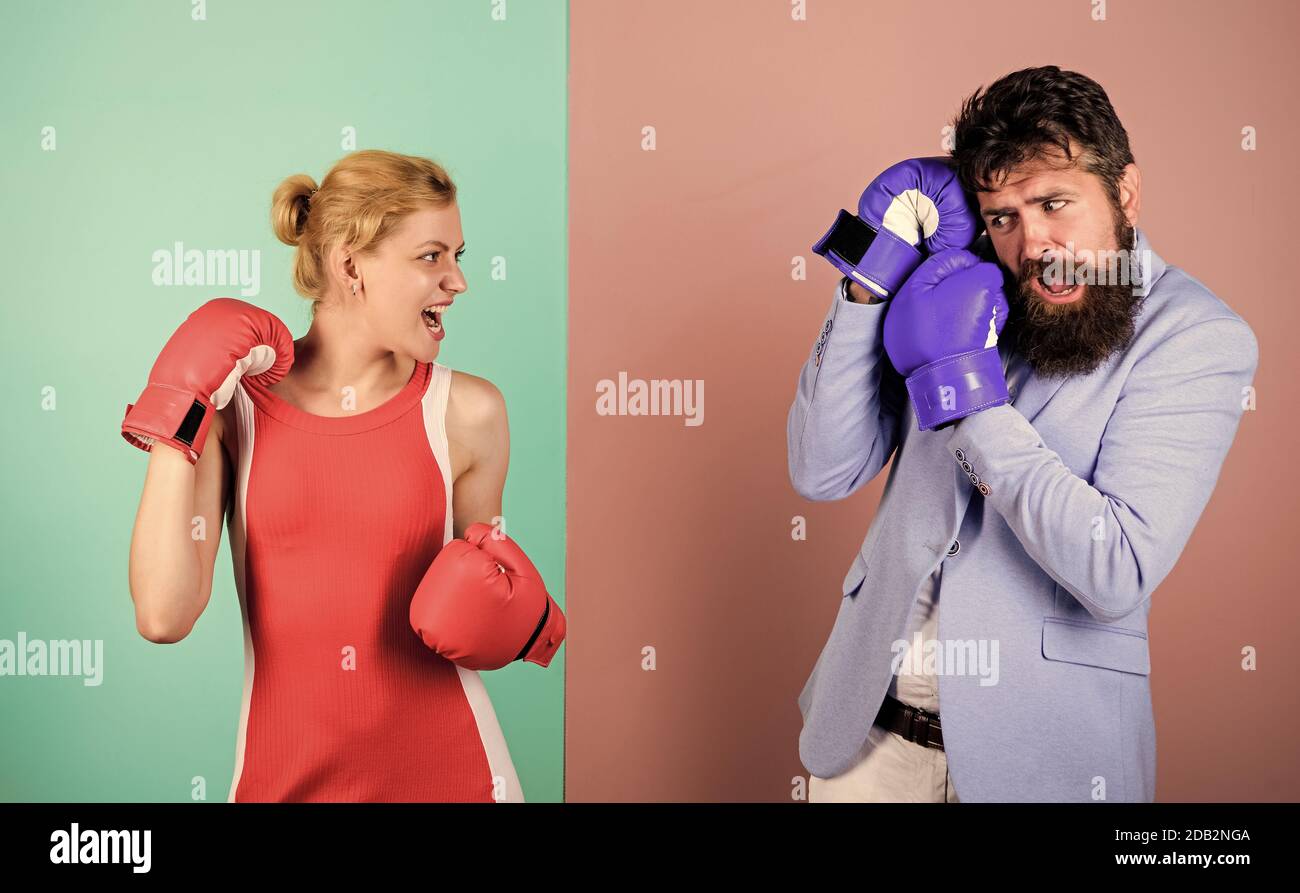 Man and woman boxing fight. Boxers fighting gloves. Difficult ...