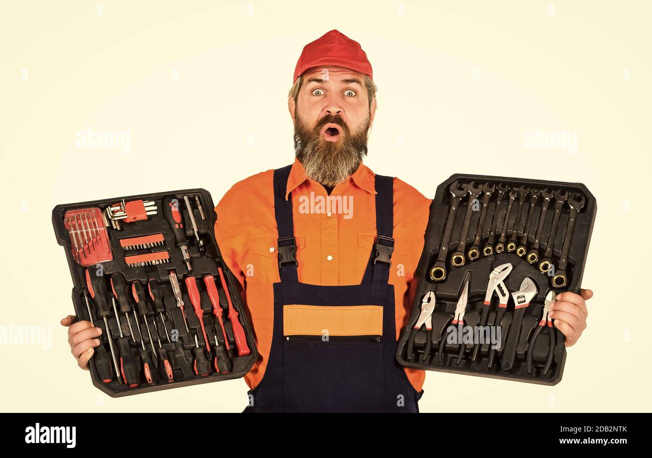 Dream of handyman. Set of tools. Screwdrivers set. Man carries toolbox ...