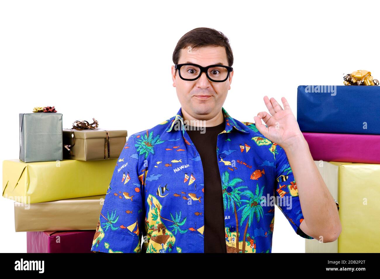 happy silly salesman with some boxes, isolated on white Stock Photo - Alamy