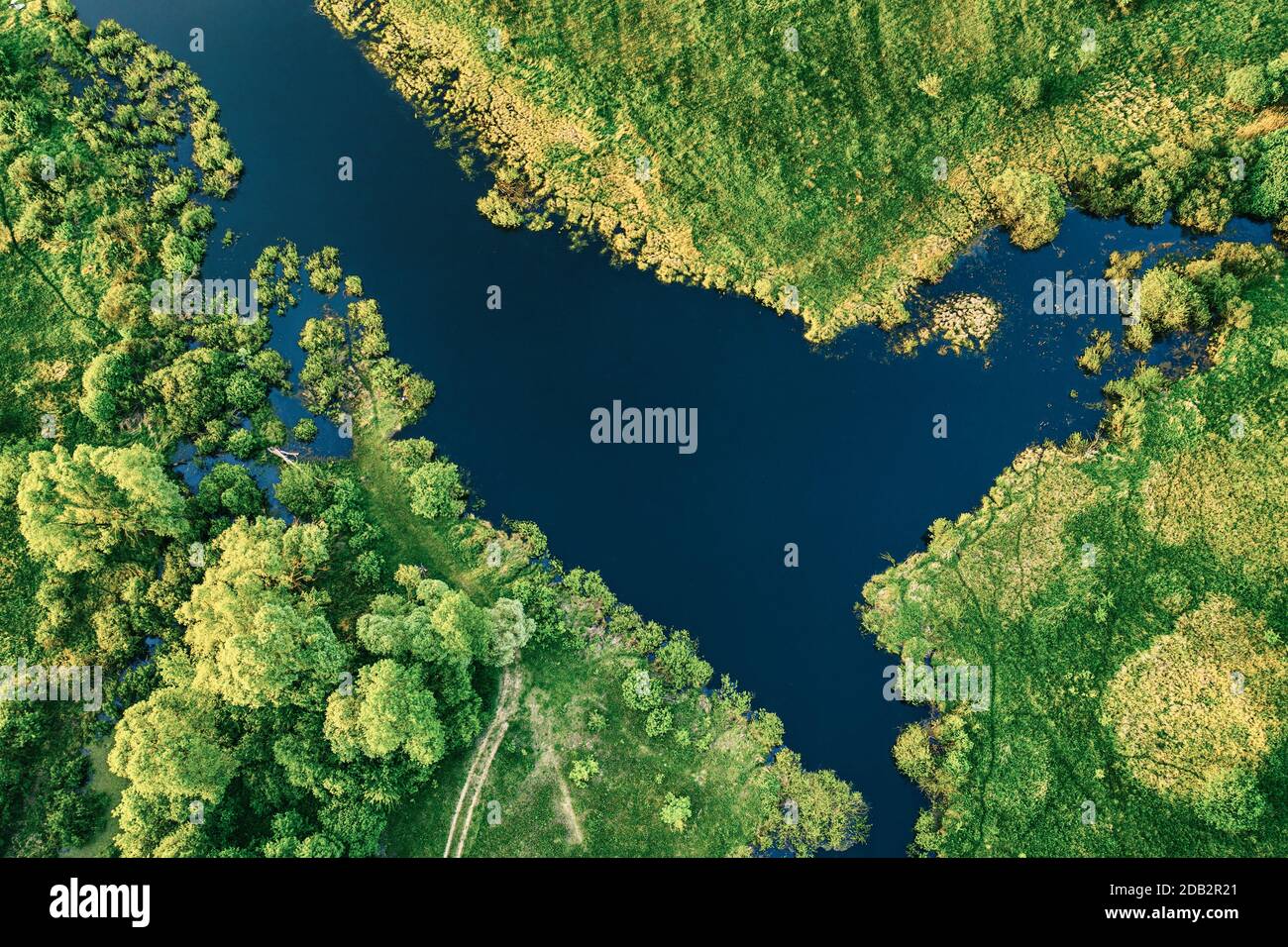 Aerial landscape of blue lake in green field, top view of beautiful ...