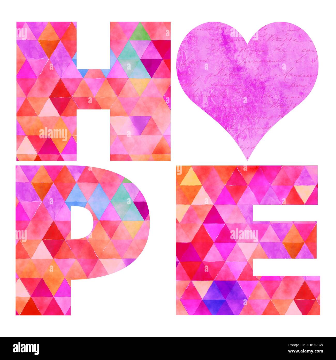 word hope in bold letters and watercolor design, the letter o is heart ...