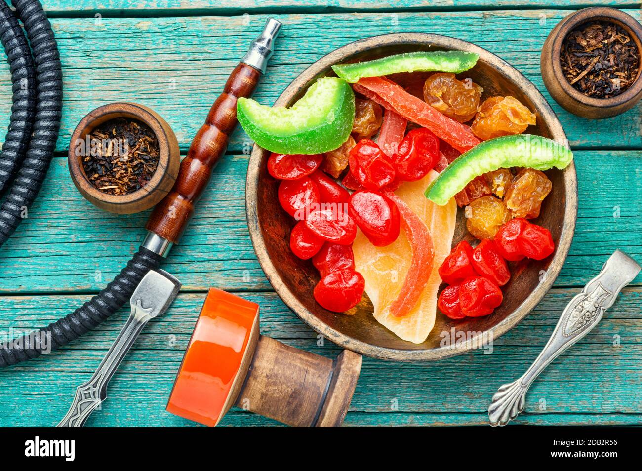 Details of oriental hookah and shisha tobacco with candied fruit ...
