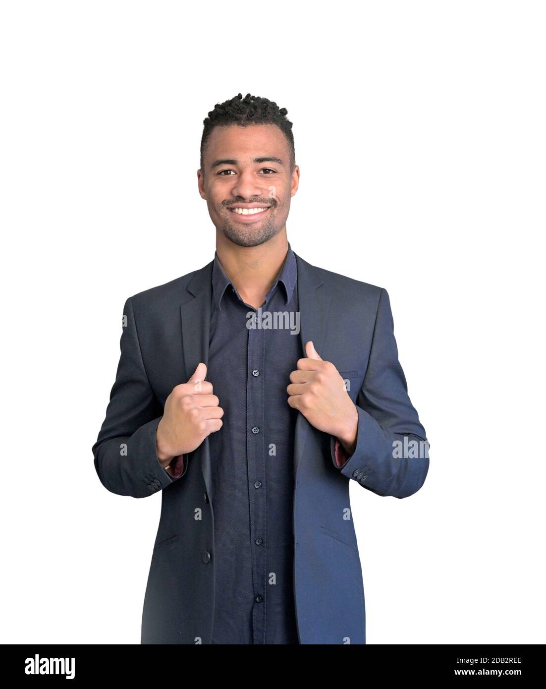 Handsome african-american guy wearing black suit standing on white ...