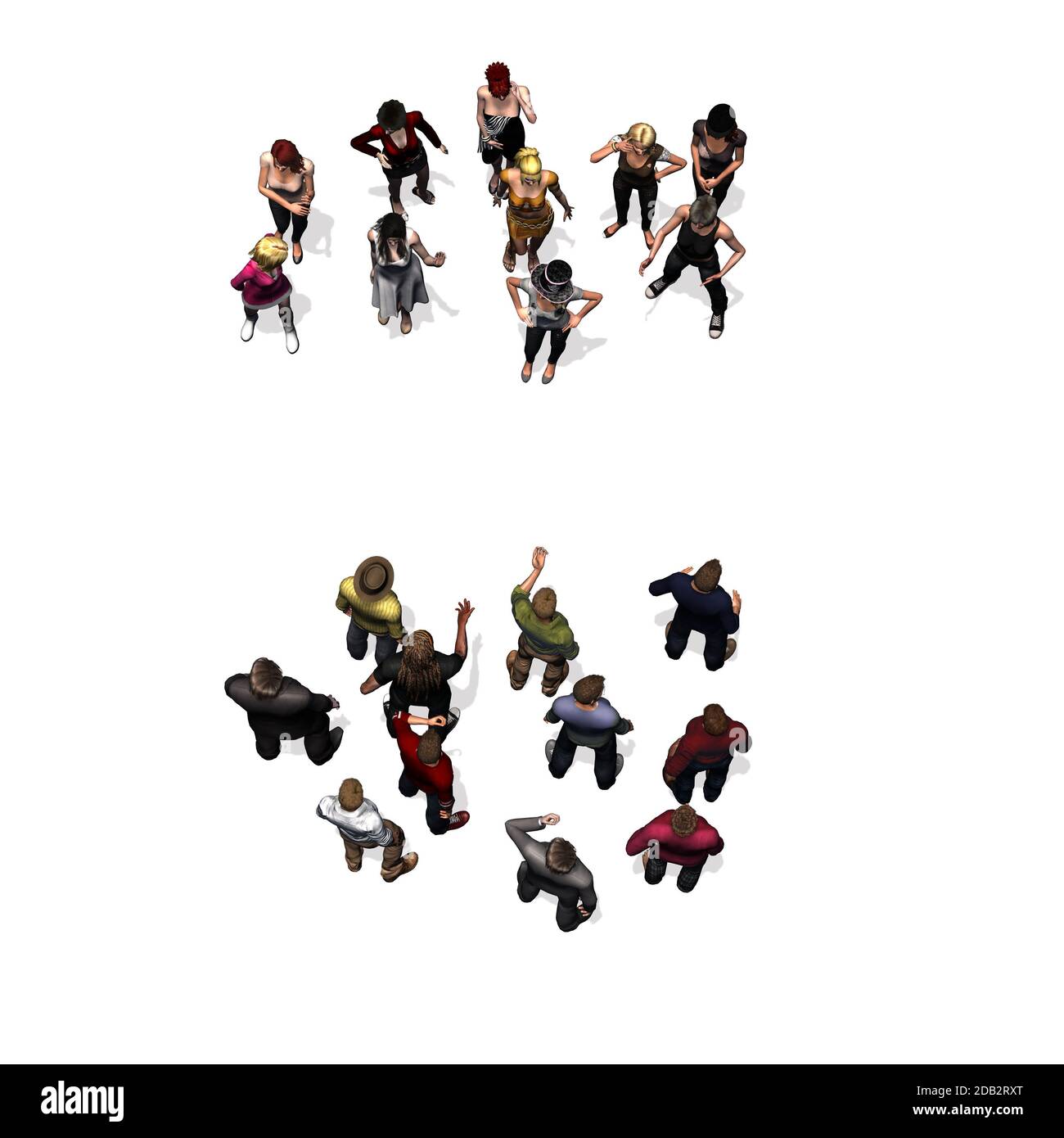 People - a group of women and men stand opposite each other - top view ...