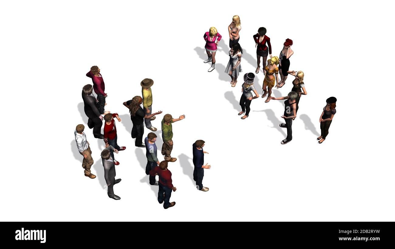 People - a group of women and men stand opposite each other - top view ...