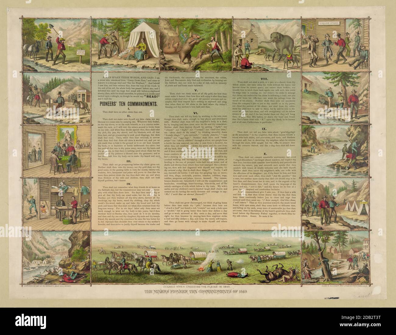 14 scenes of lives of pioneer gold miners, including camp life, attacks ...