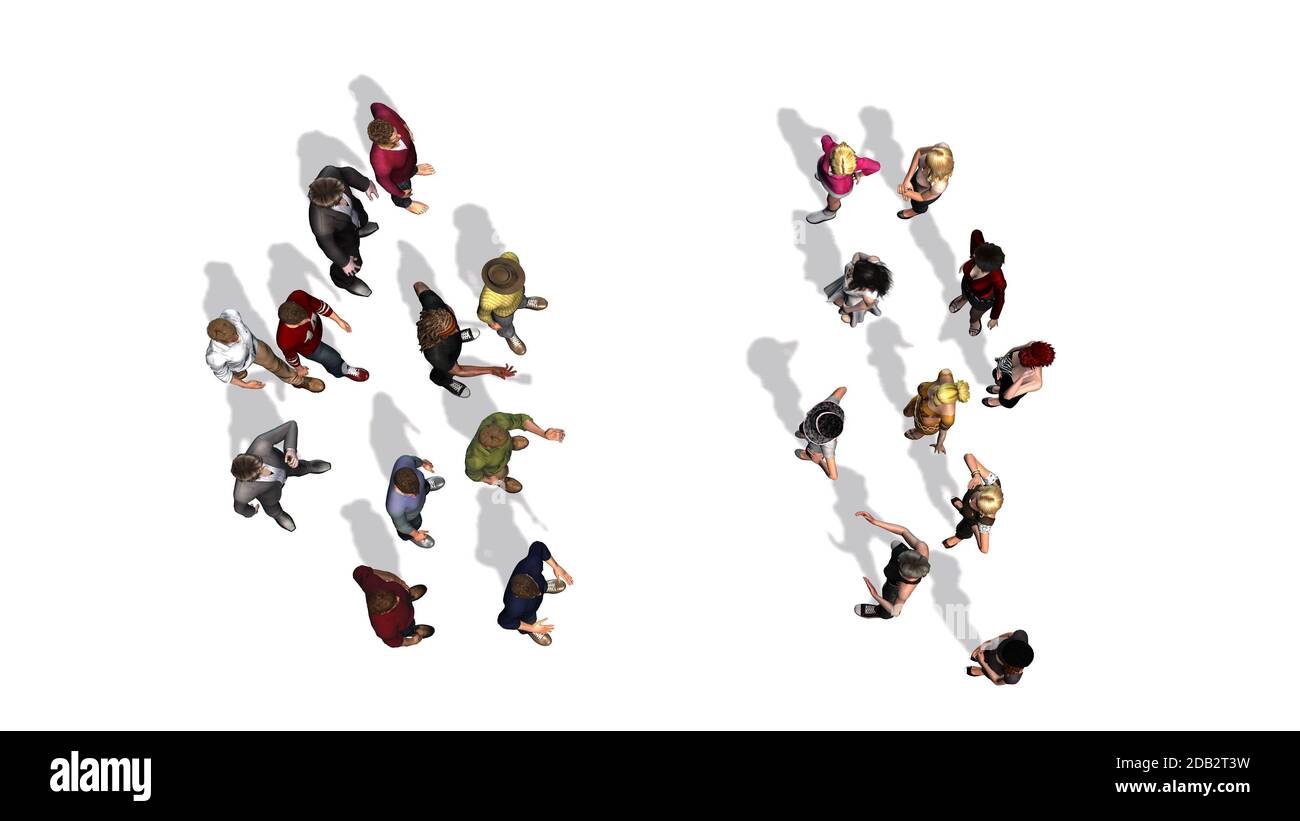 People - a group of women and men stand opposite each other - top view ...