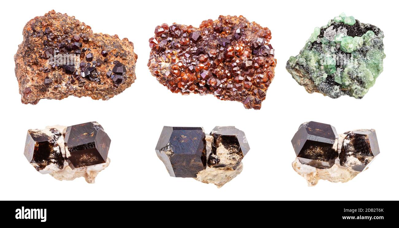 set of various Andradite garnet crystals isolated on white background ...
