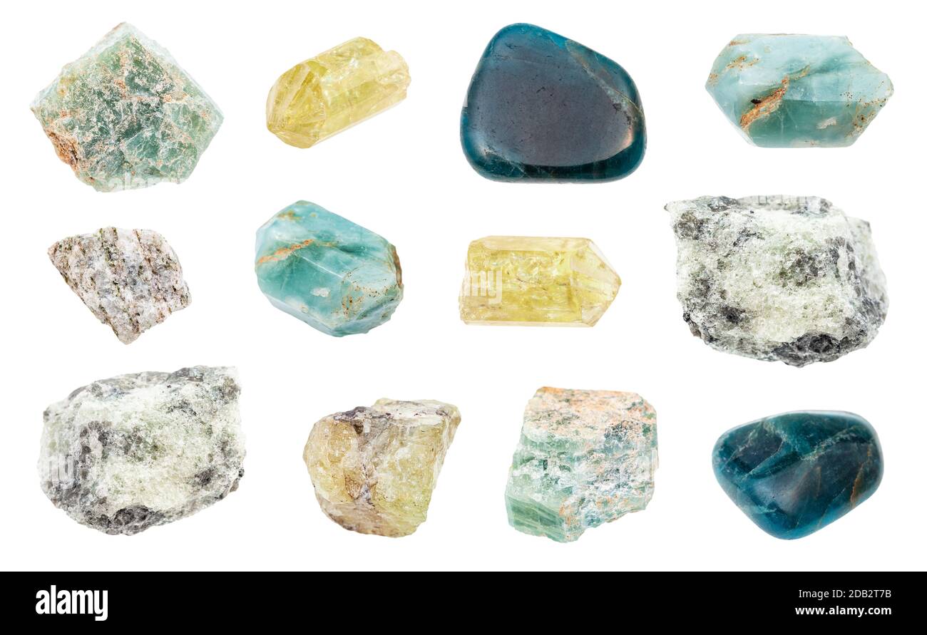 set of various Apatite rocks isolated on white background Stock Photo ...