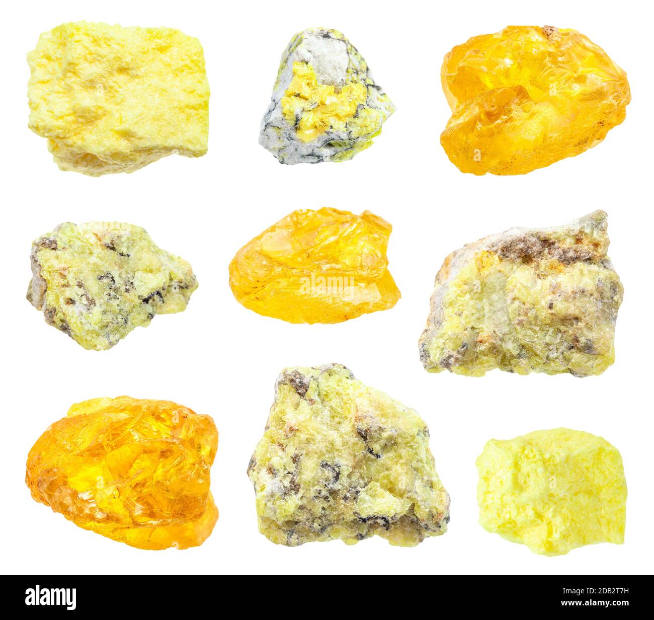 set of various Sulphur (Sulfur) minerals isolated on white background ...
