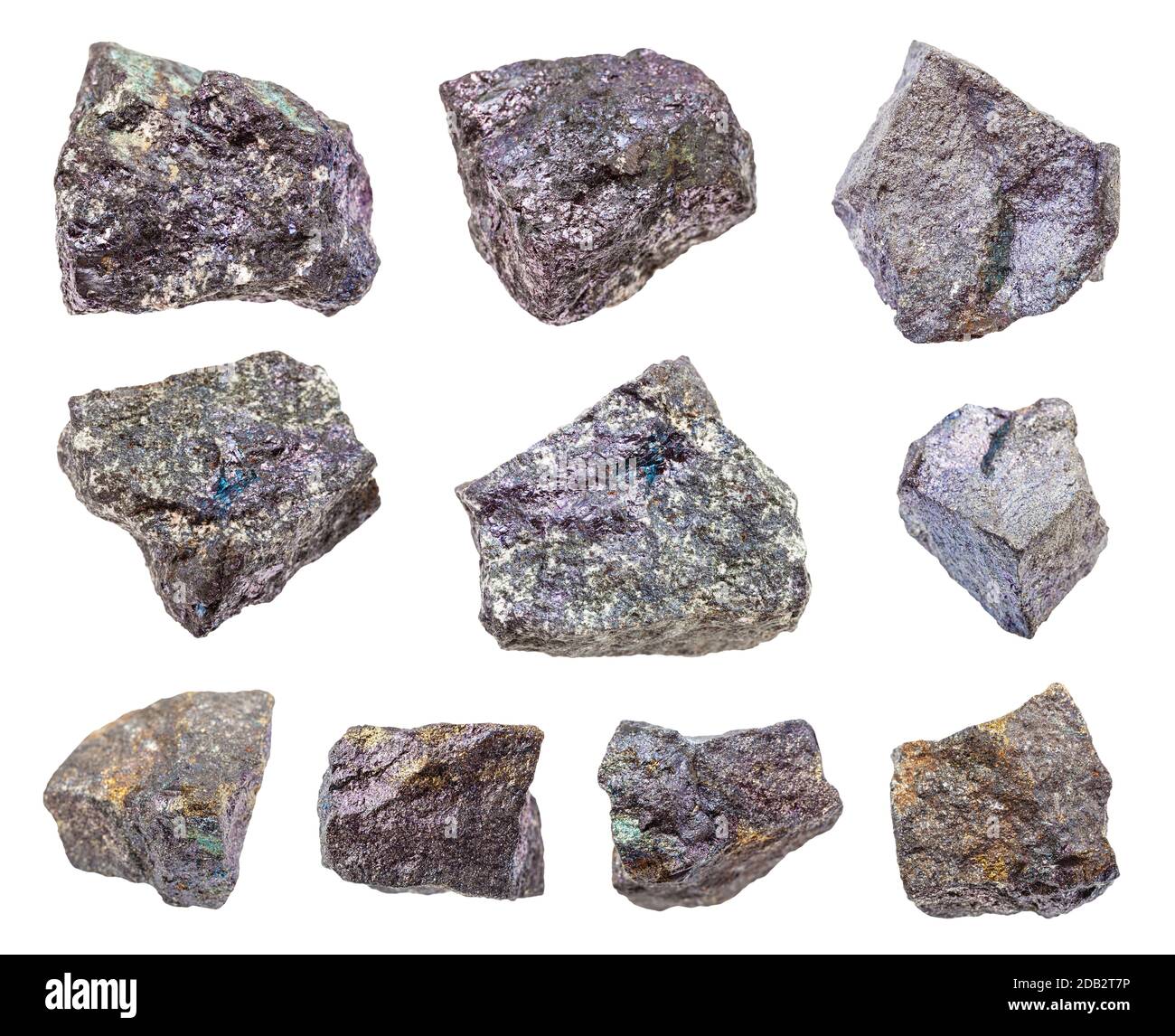 set of various Bornite rocks isolated on white background Stock Photo ...