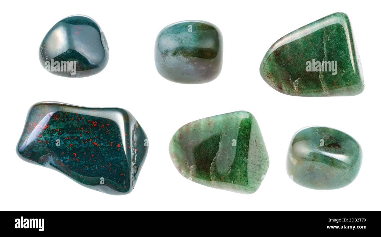 set of various Bloodstone (Heliotrope) gemstones isolated on white ...