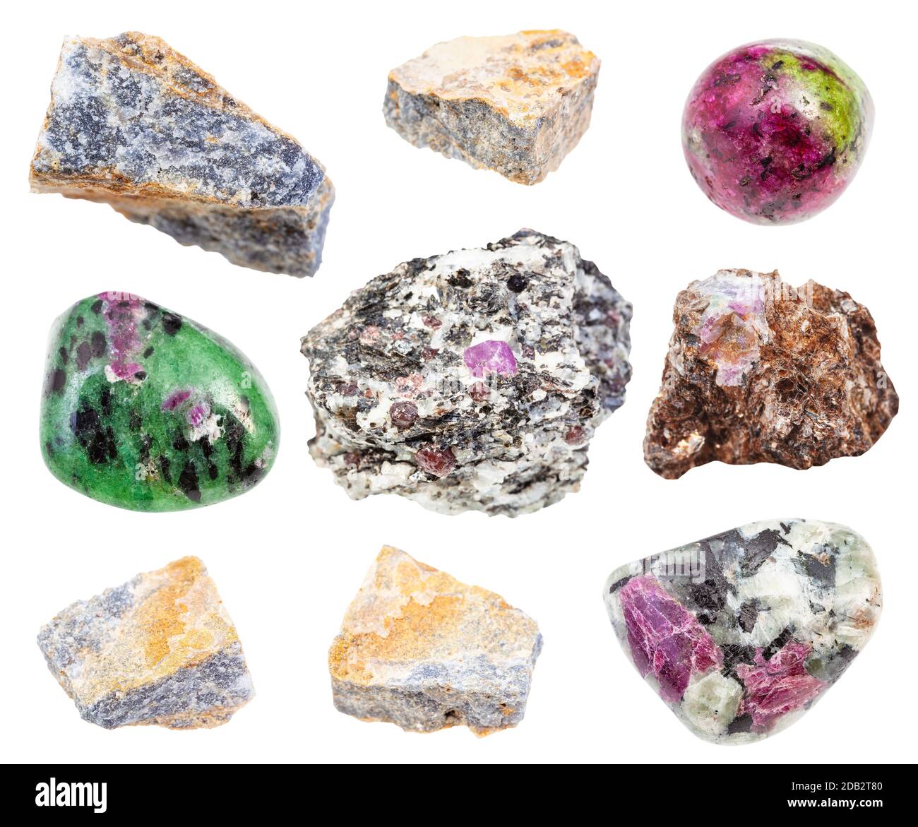 set of various Corundum rock and Ruby crystals isolated on white ...