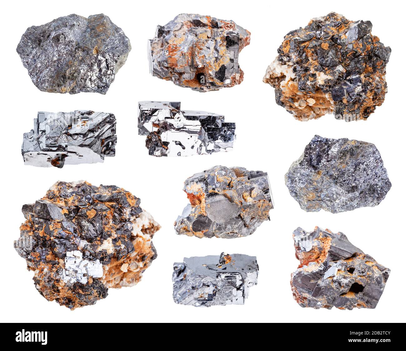 set of various Galena (Galenite, lead glance) rocks isolated on white ...