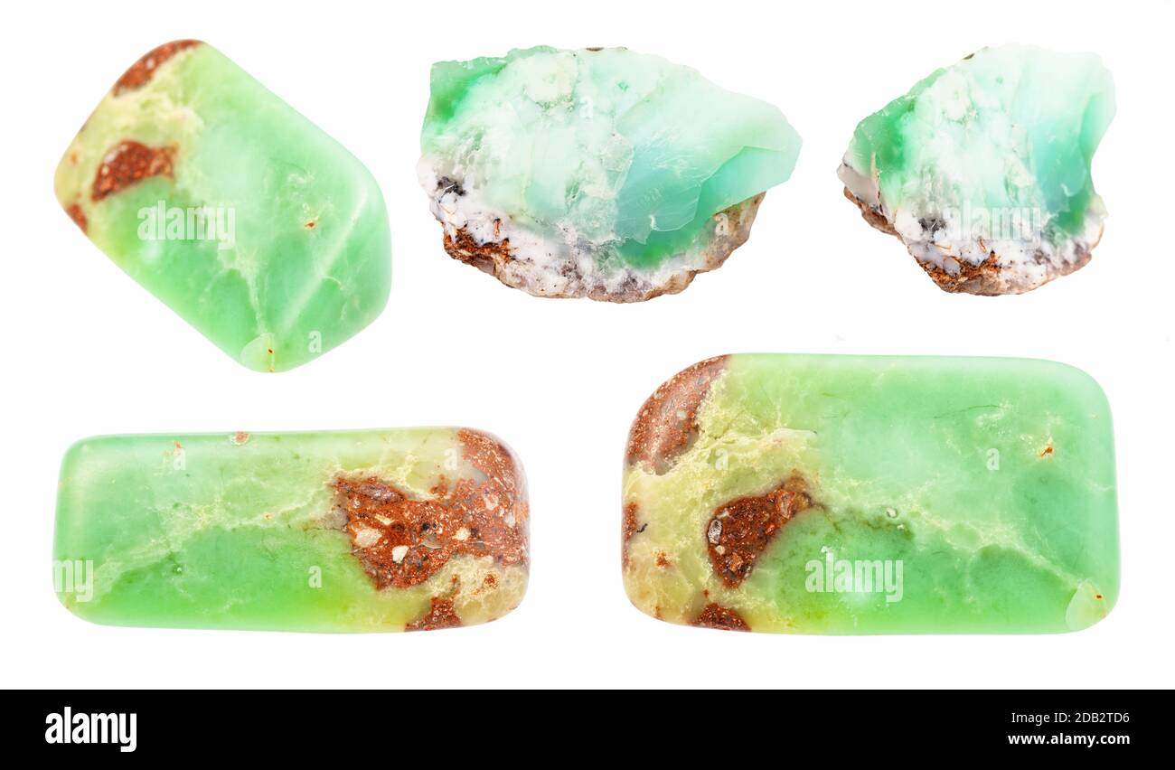 set of various Chrysoprase gemstones isolated on white background Stock ...