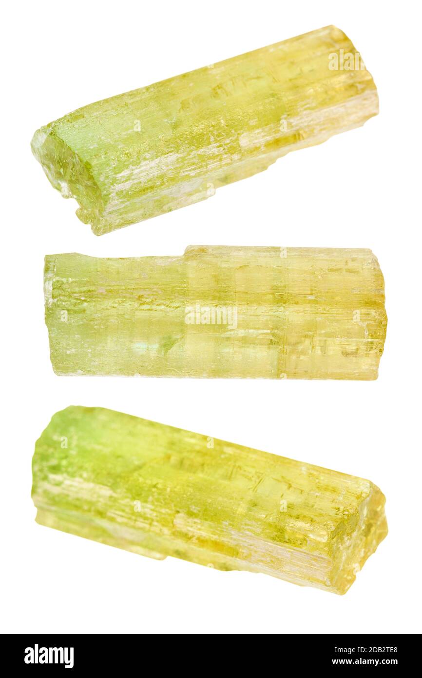 set of crystals of Heliodor (yellow Golden beryl) isolated on white ...