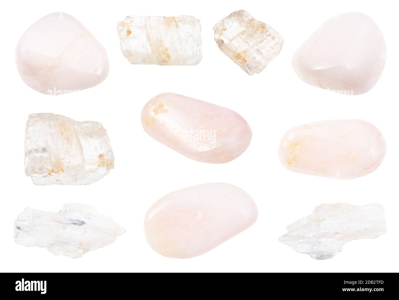 set of various Petalite (castorite) gemstones isolated on white ...